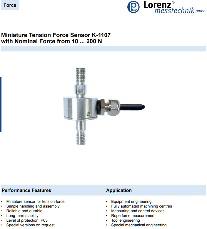 Miniature Tension Force Sensor K-1107 with Nominal Force from 10 ...