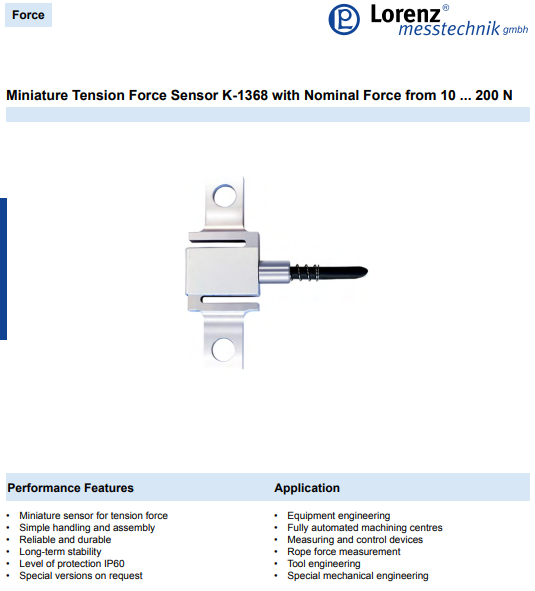Miniature Tension Force Sensor K-1368 with Nominal Force from 10 ...